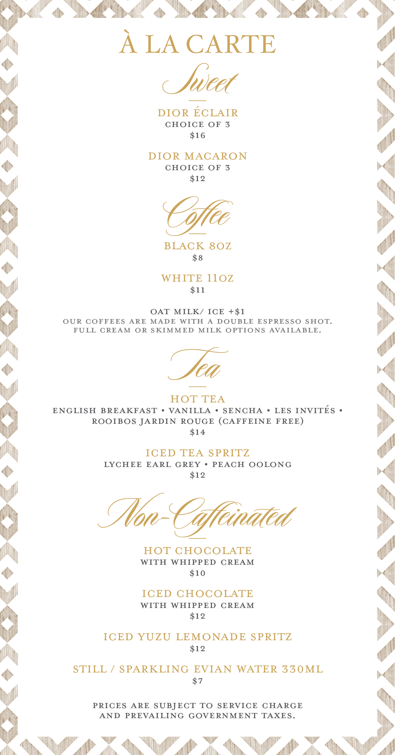 Dior Cafe Ala Carte Menu